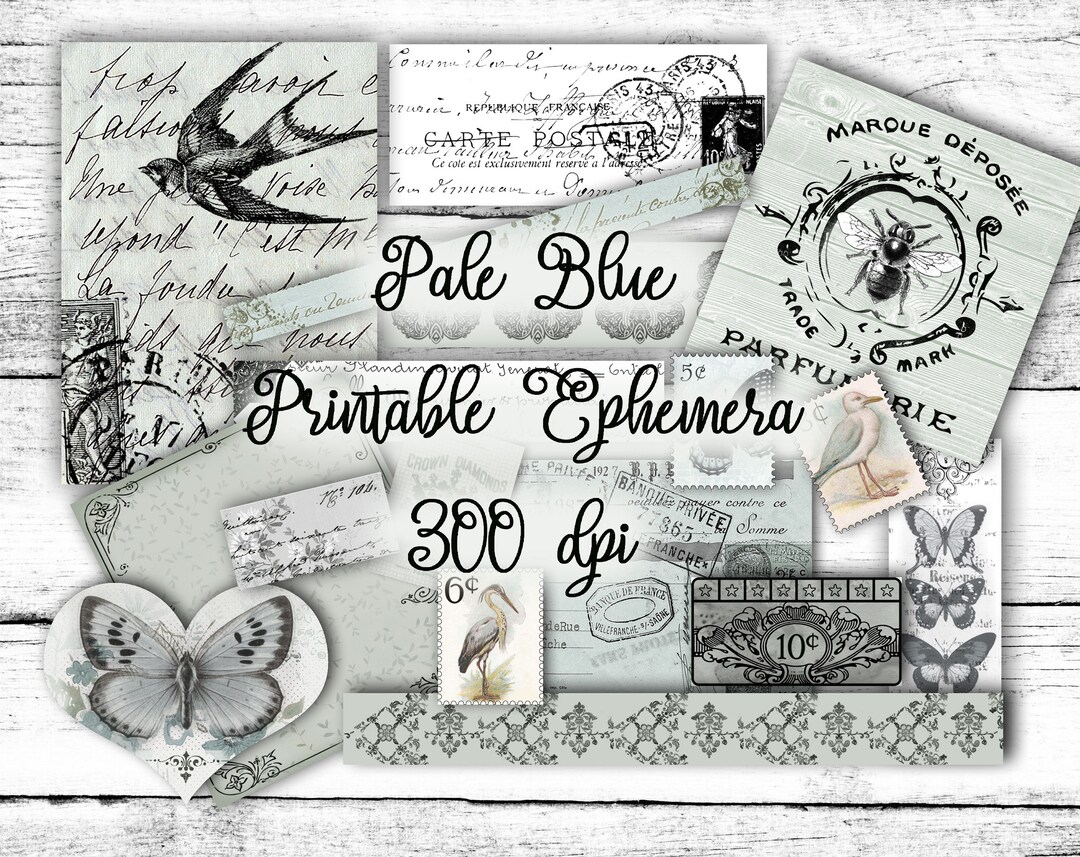 Blue Ephemera Printable Instant Download Butterflies Birds Vintage ...