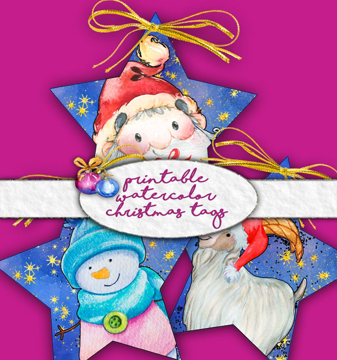 Watercolor Christmas Gift Tags Printable Instant Download Santa Snowman ...