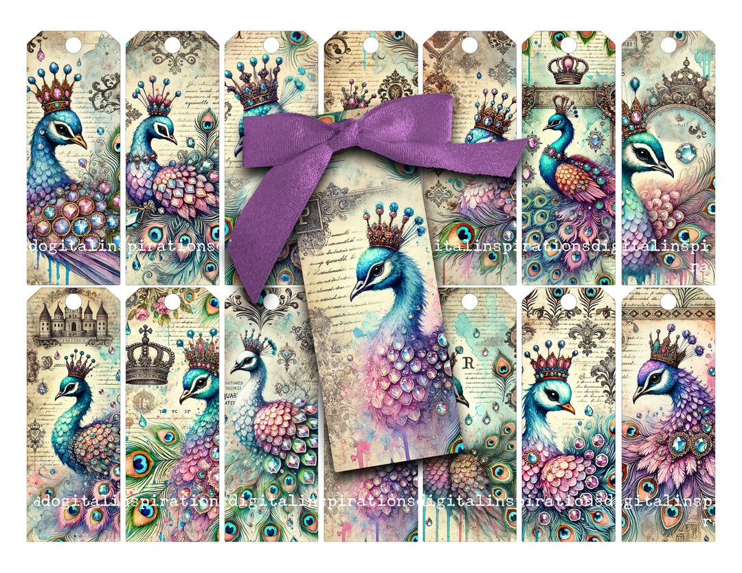 Peacock Watercolor Tags: Shabby Chic Ephemera (digital Collage Sheet ...
