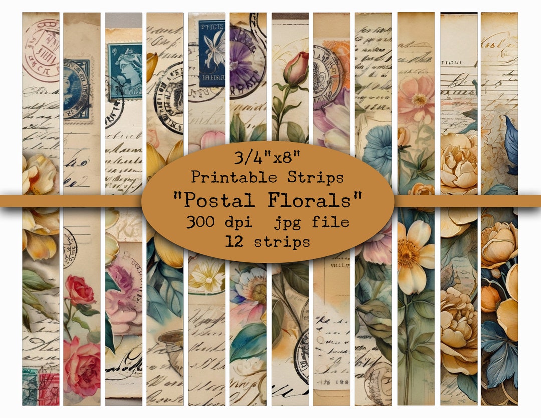 Printable Strips, Washi, Digital Strips, Printable Washi, POSTAL FLORAL ...