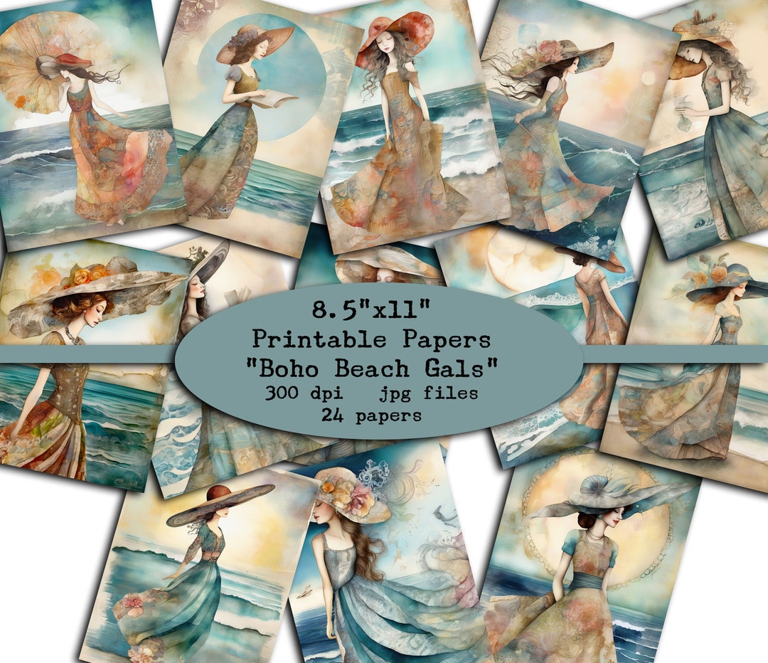 Printable Paper, Paper Pack, 8.5x11, Boho Beach Gals, Ocean, Beach ...