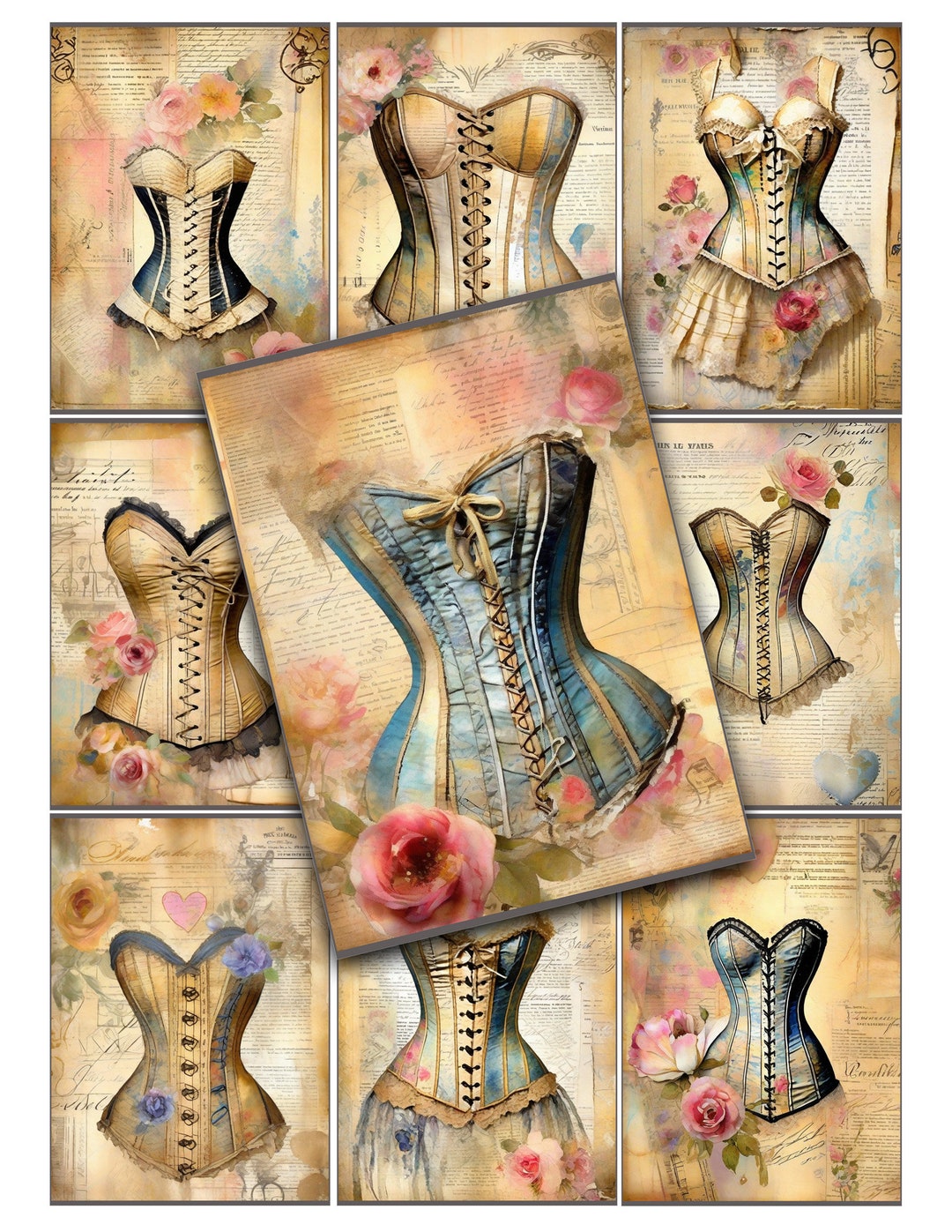Corsets, Collage Sheet, Printable Cards, Journaling Cards, ATC, ACEO ...