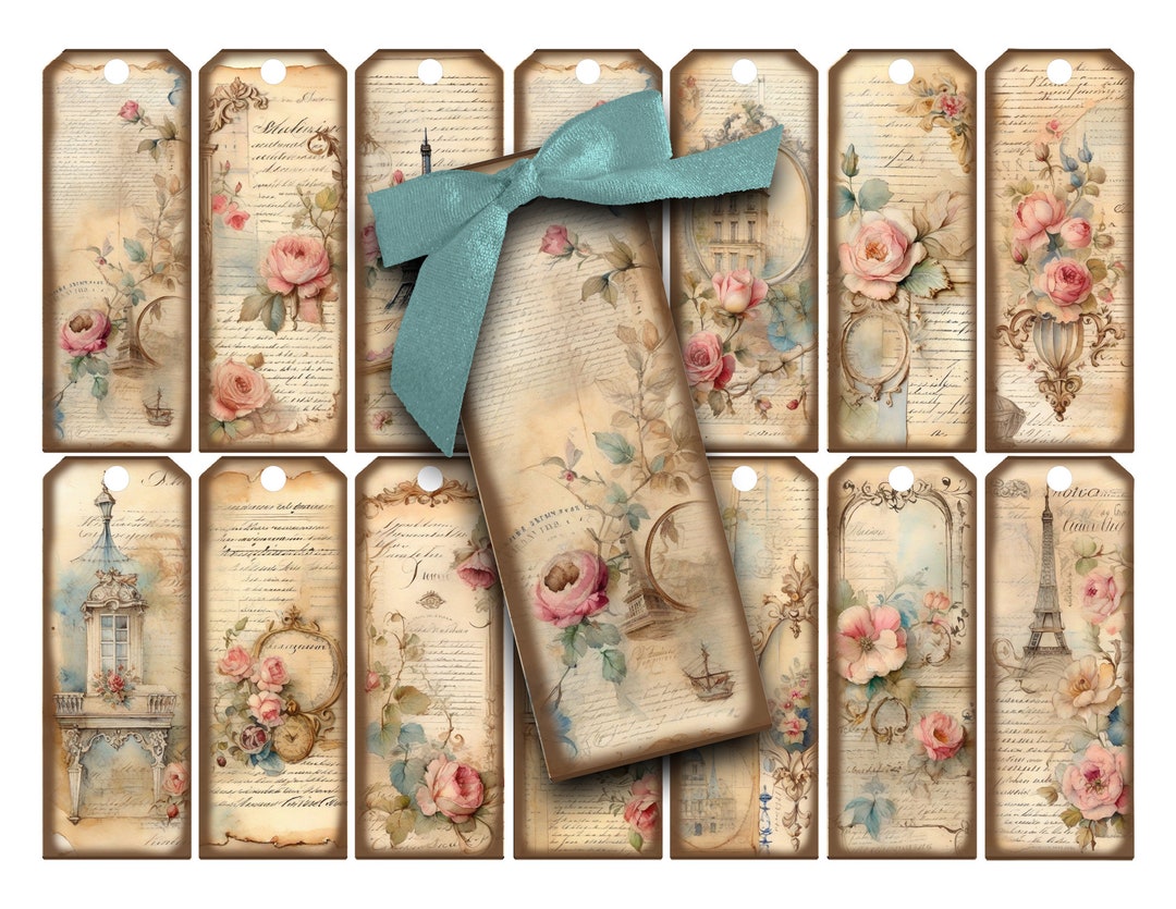 Narrow Tags, PARIS, French Ephemera, Collage Sheet, Digital, Tags, Junk ...