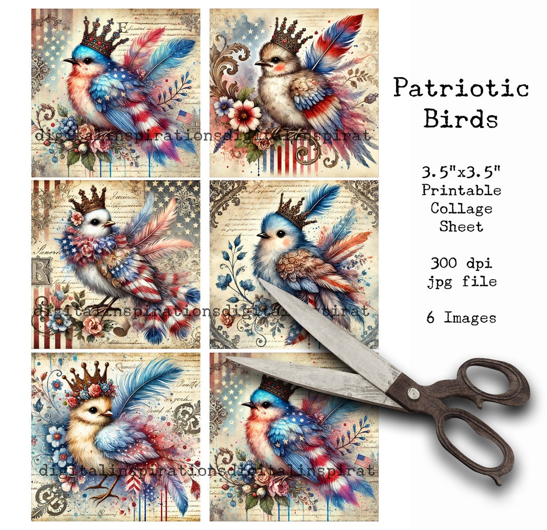Patriotic Birds Collage Sheet: 4th of July Printable Ephemera (digital ...