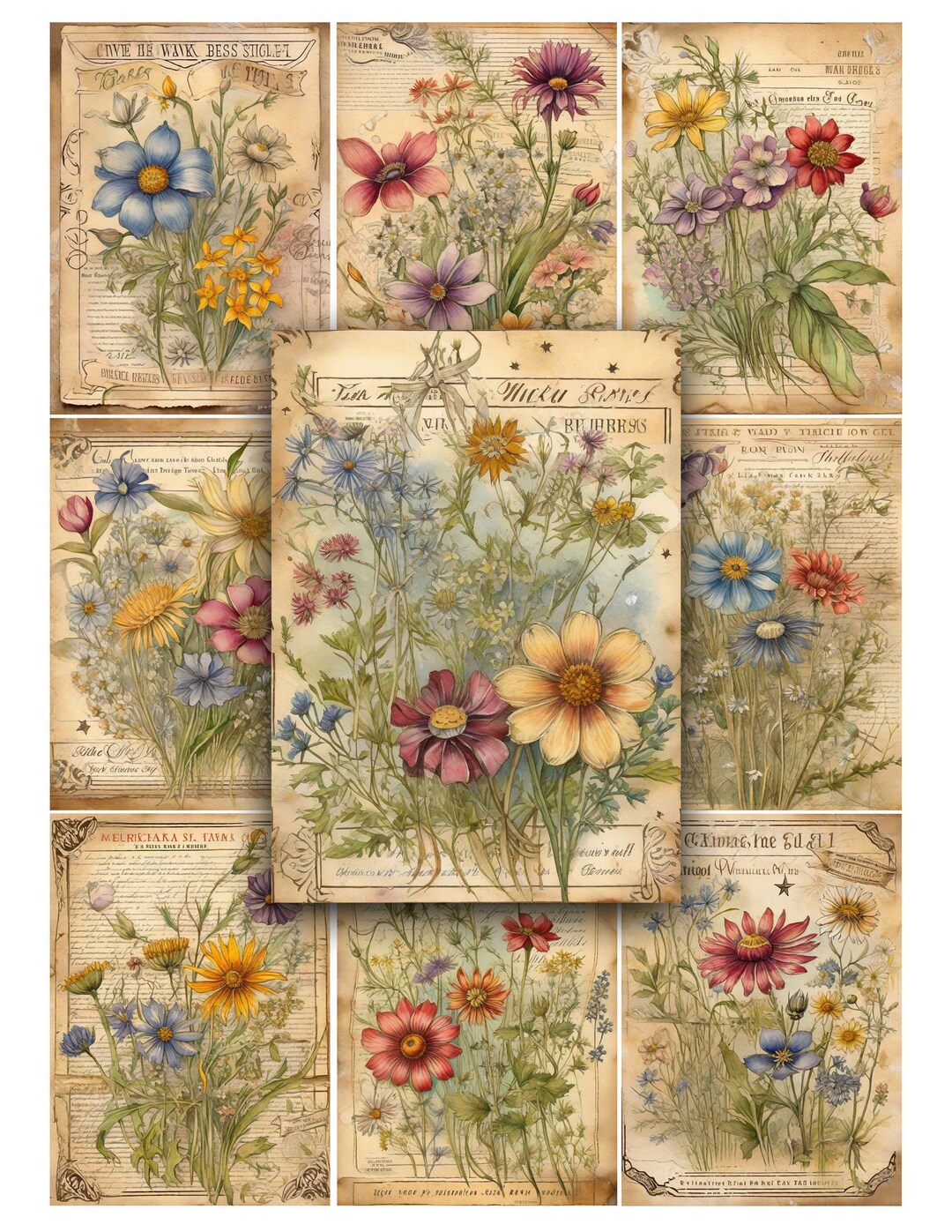 Vintage Wildflower Watercolor Printable Ephemera: Journal Cards ...