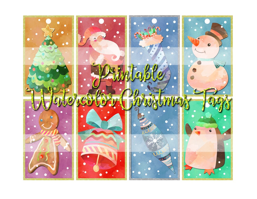 Watercolor Christmas Gift Tags Printable Instant Download Santa Snowman ...