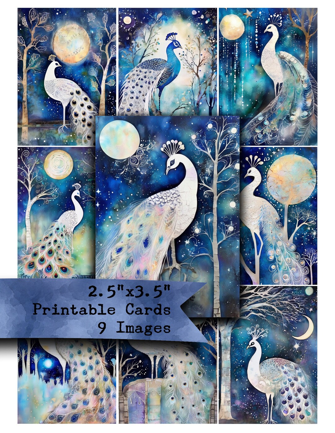 Moonlight Peacocks Printable Cards: Journal & Scrapbook Embellishments ...
