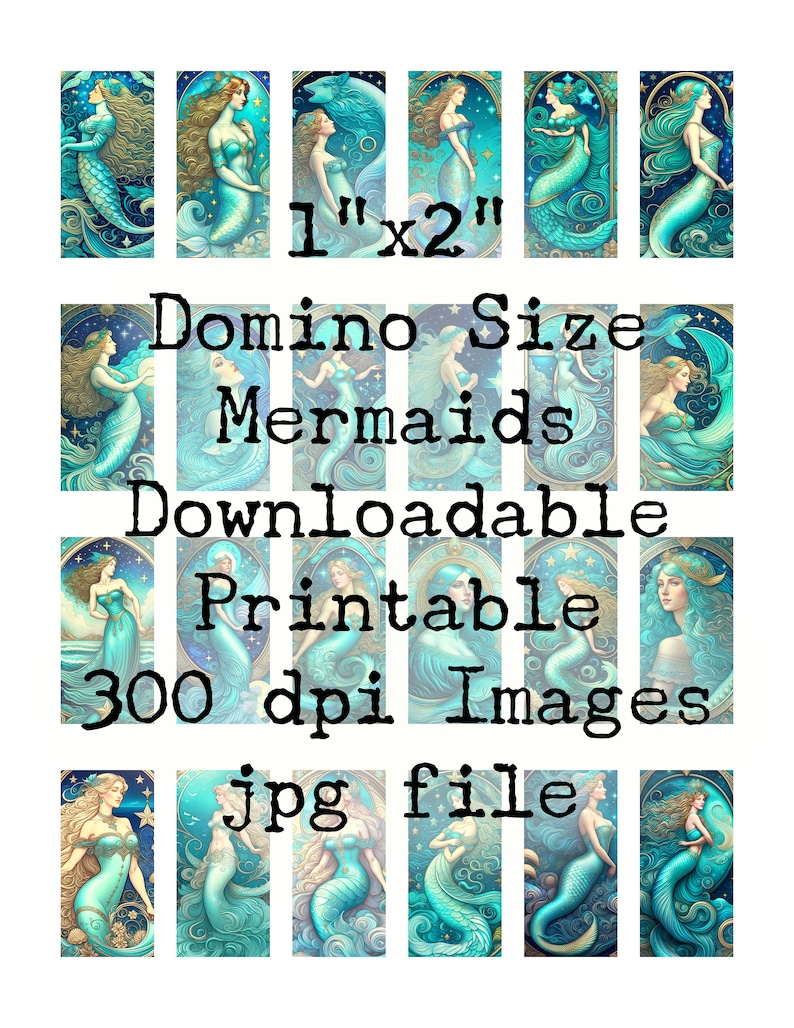 Mermaid Collage Sheet: Teal Coastal Art, Domino Pendants (digital ...