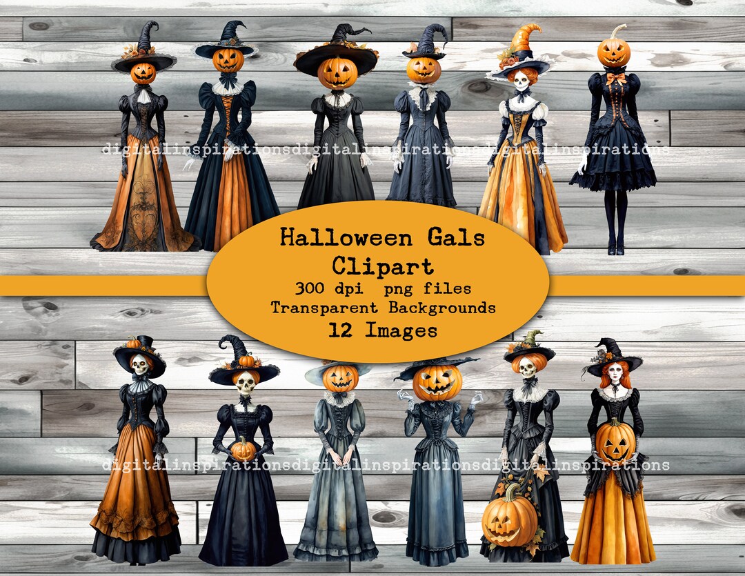 Victorian Halloween Gals Clipart: Watercolor Pumpkin Witches (digital ...