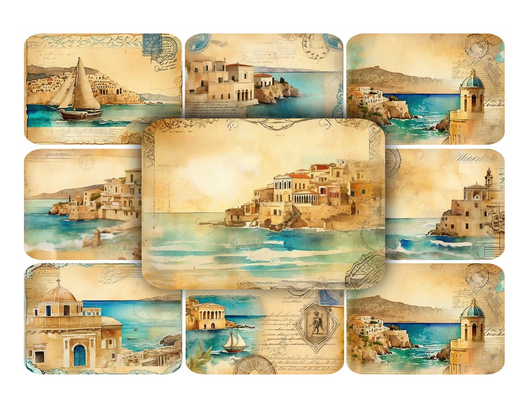 Watercolor Greece Collage Sheet: Ocean Coast Embellishments (digital ...