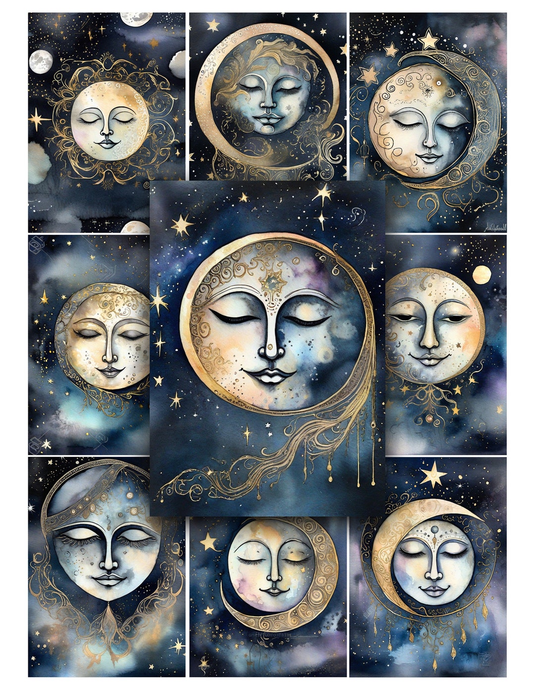 Whimsical Moons, Moon, Celestial, Watercolor, Printable Paper, ATC ...