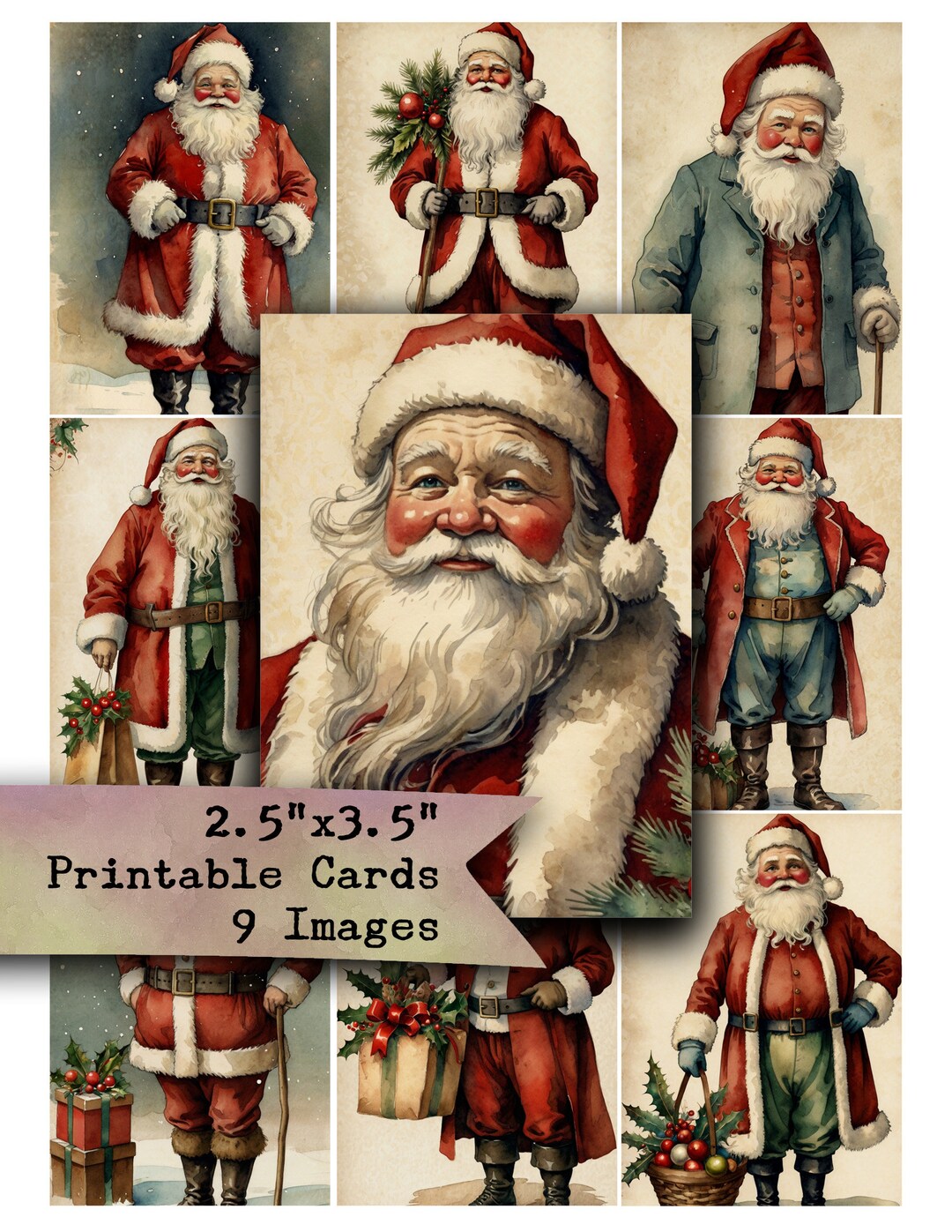 Watercolor Santa Collage Sheet: Vintage Christmas Ephemera (digital ...