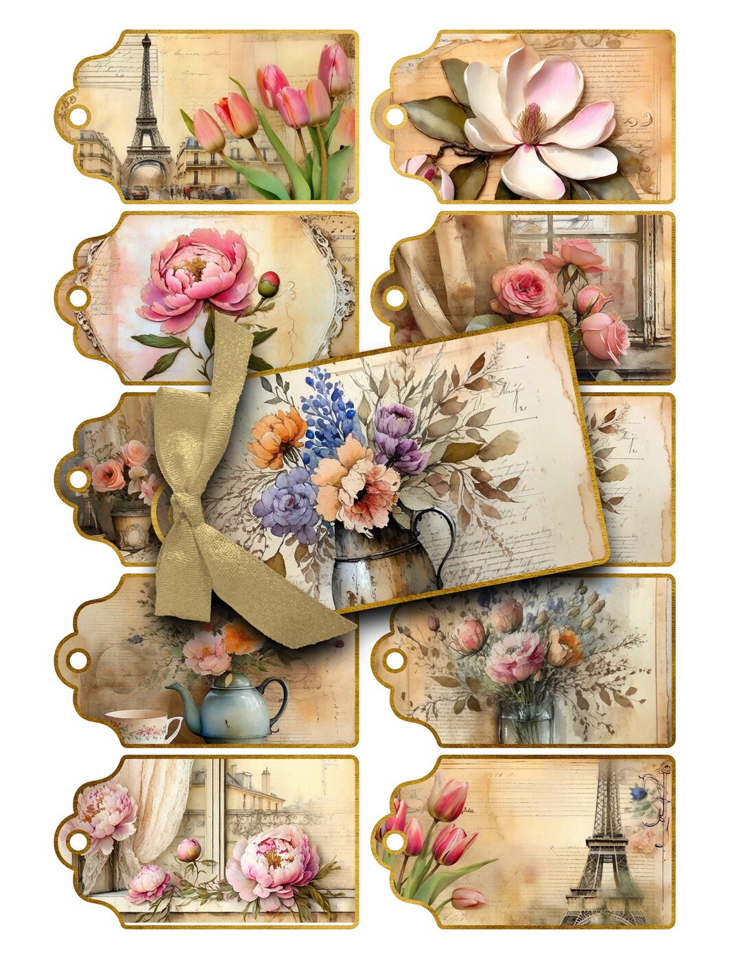 Printable Tags, Junk Journal, French Style, Flowers, Florals, Gift Tags ...
