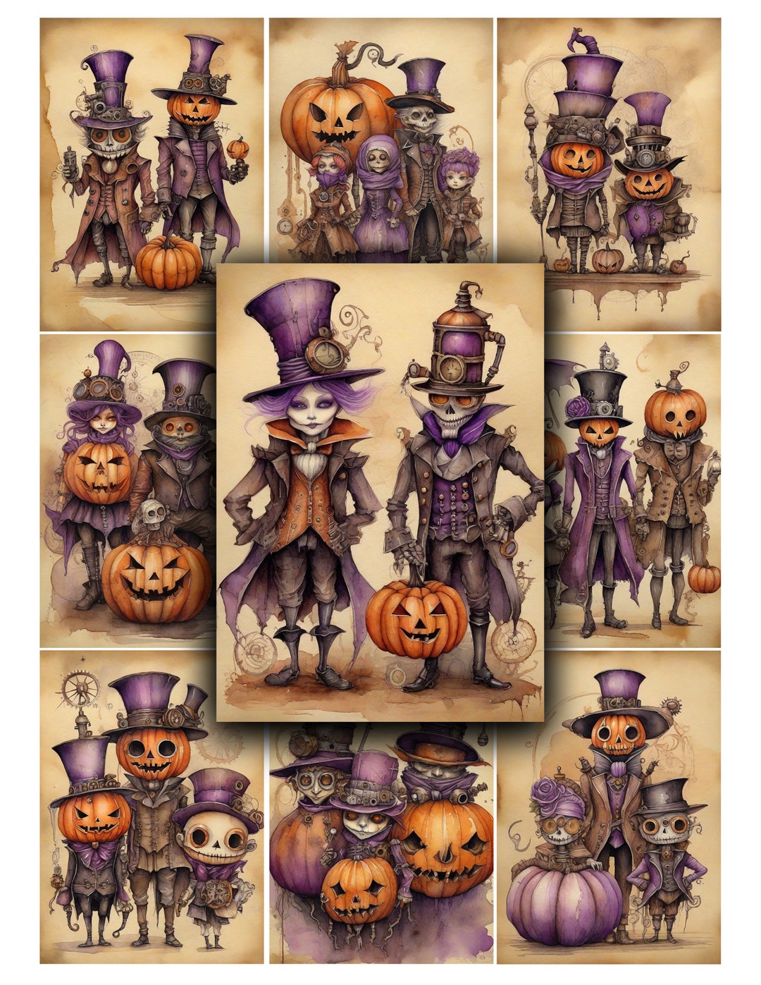 Steampunk Halloween Collage Sheet: Watercolor Pumpkins Ephemera ...