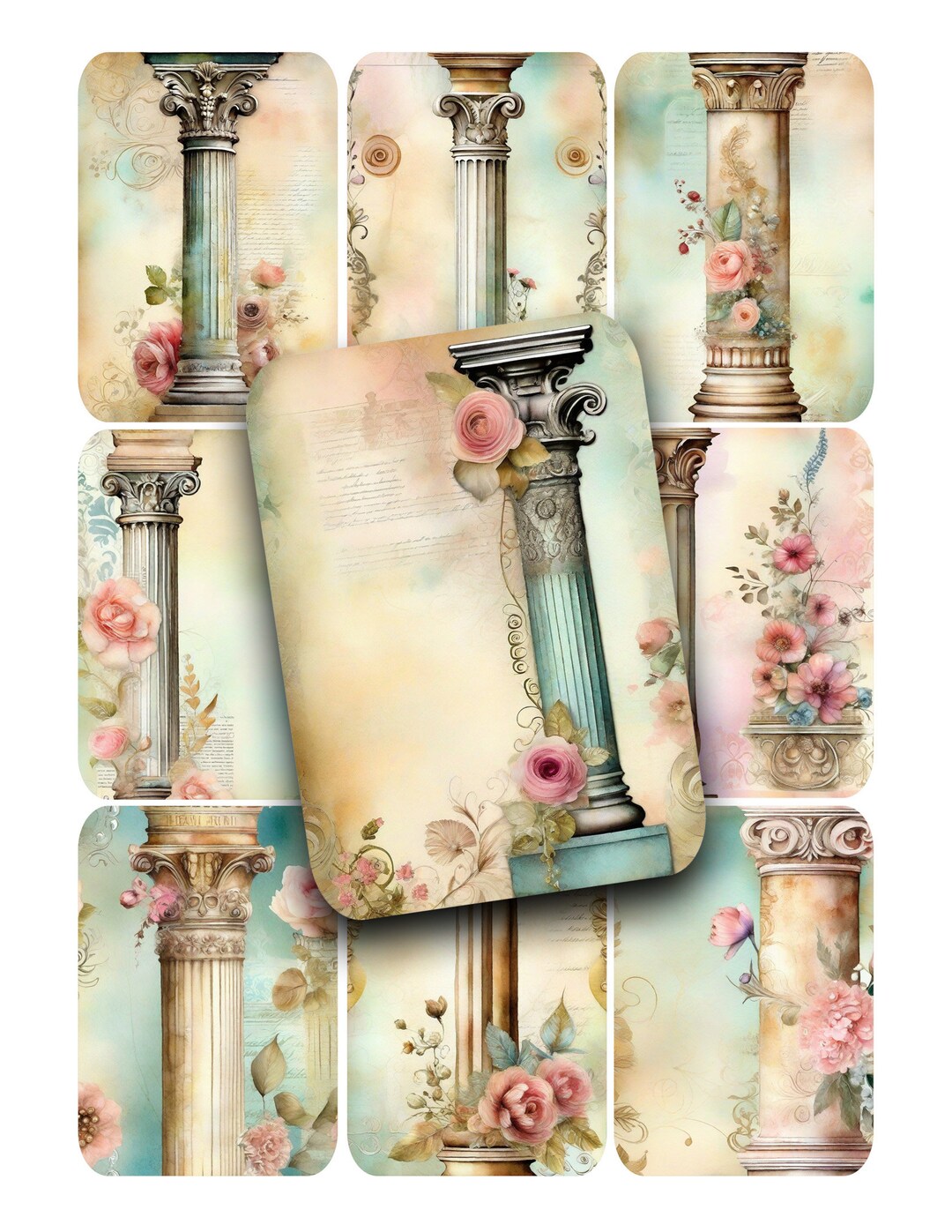 Collage Sheet, COLUMNS, ATC, Tags, Junk Journals, Floral, Printable ...