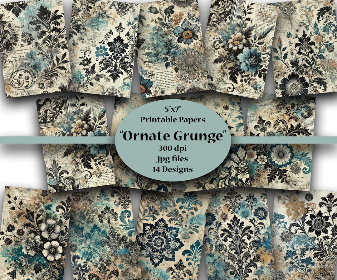 5x7, Printable Paper, Ornate, Vintage, Rococo, Blue, Junk Journals ...