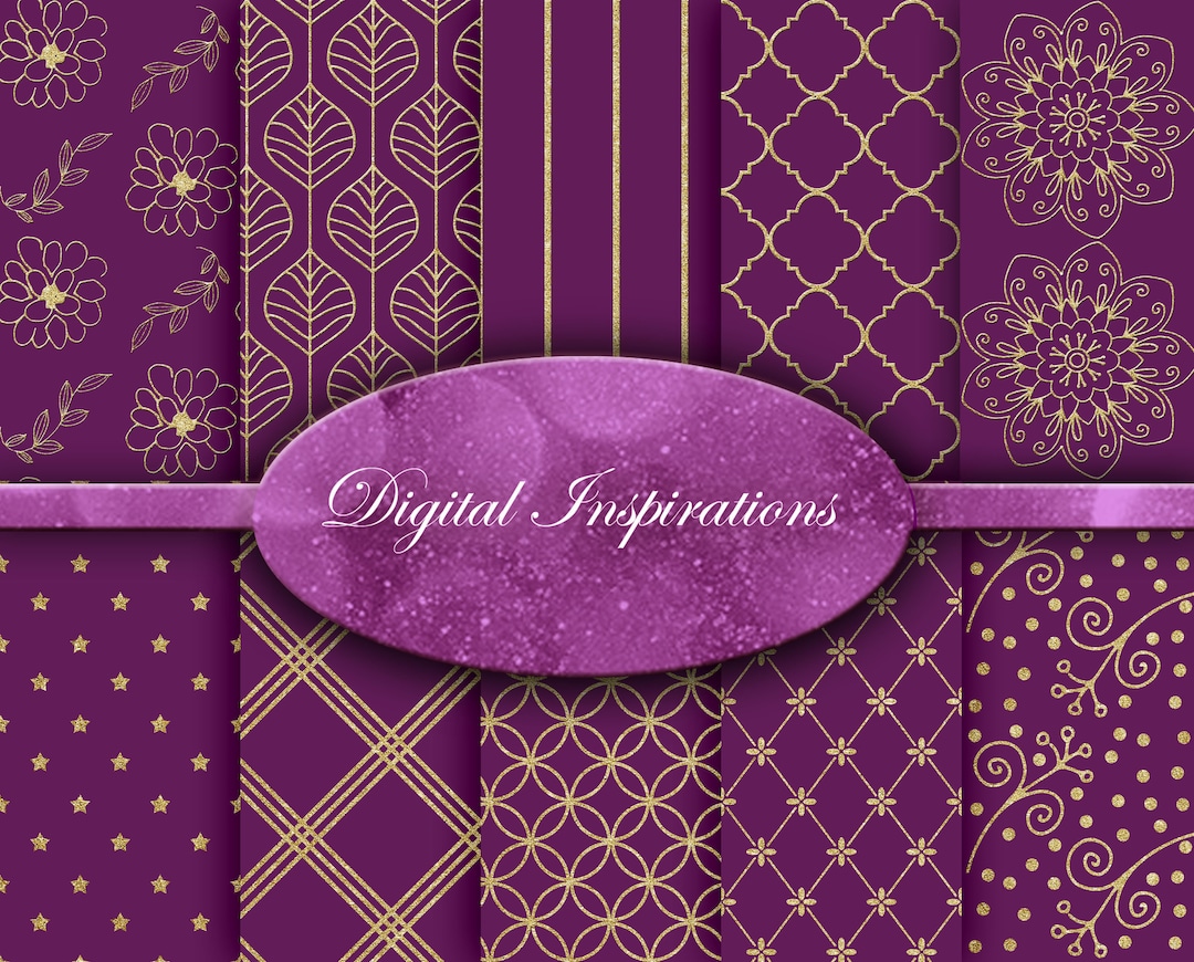 Gold & Purple Floral Digital Paper: 12x12 Scrapbook Paper (downloadable ...