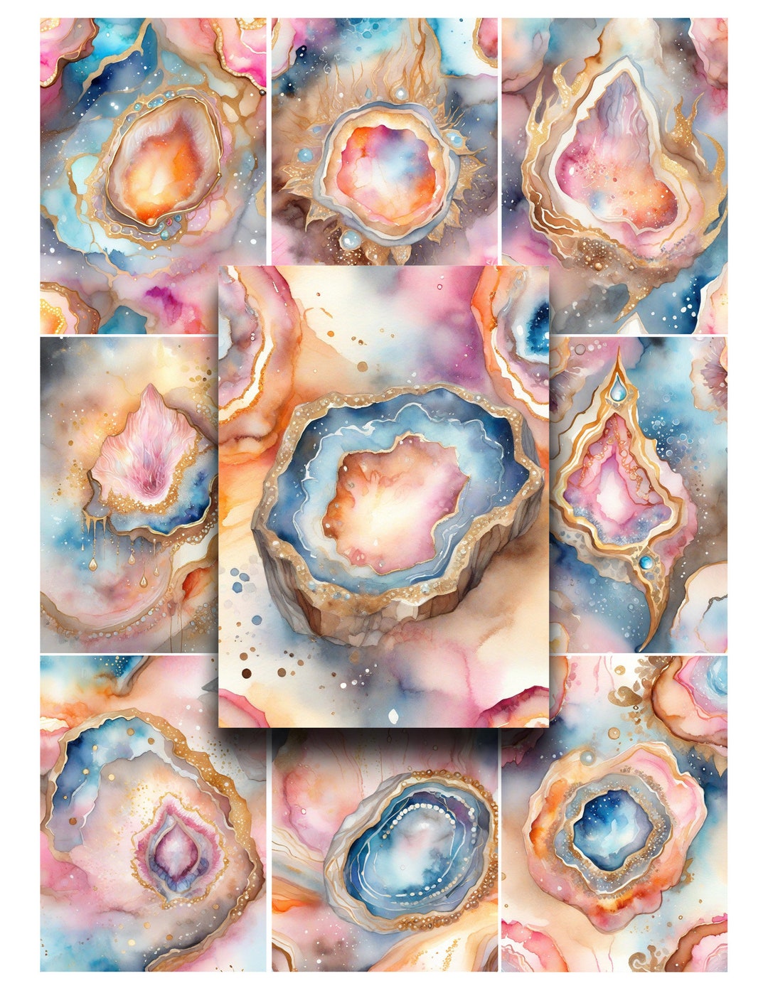 Opalescent Geode Watercolor Backgrounds: Collage Printable Paper ...
