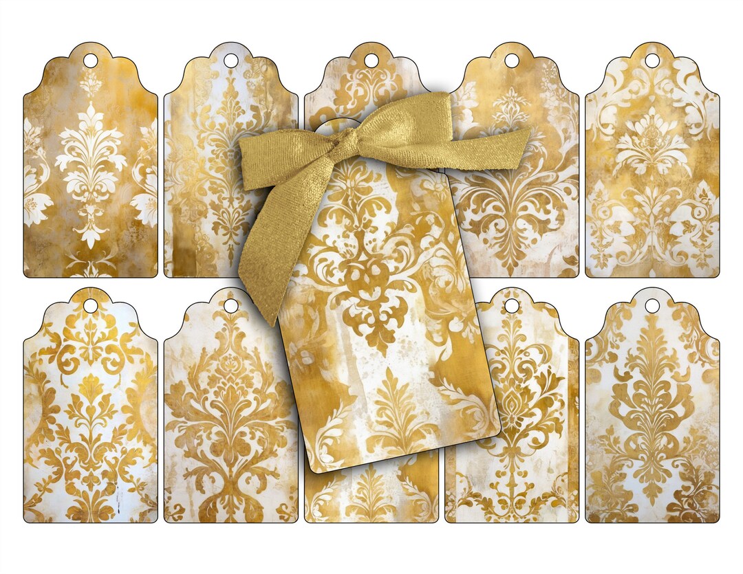GOLD and WHITE, DAMASK, Tags, Collage Sheet, Digital, Junk Journals ...