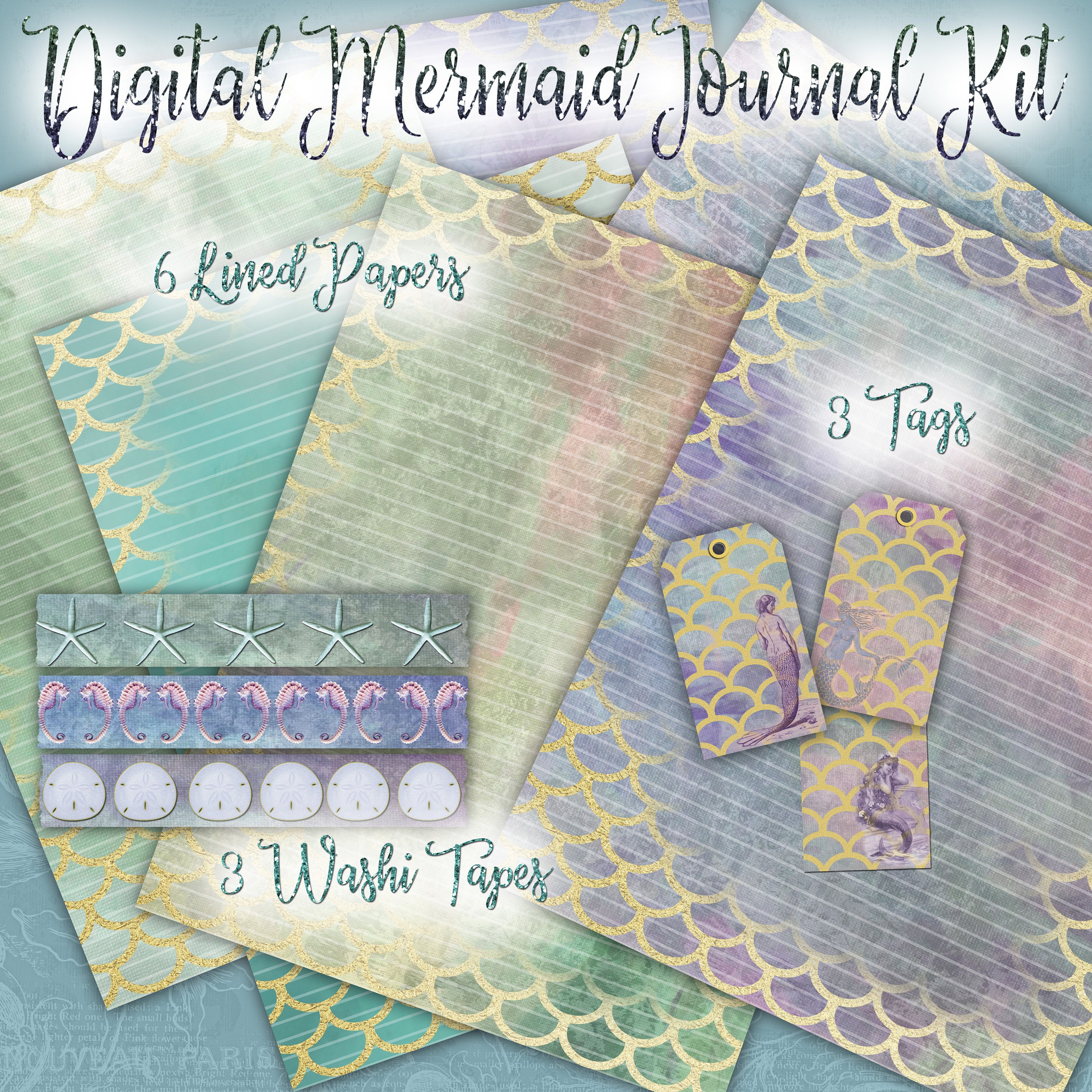 Mermaid Mermaids Digital Journal Pages Washi Tape Tags - Etsy