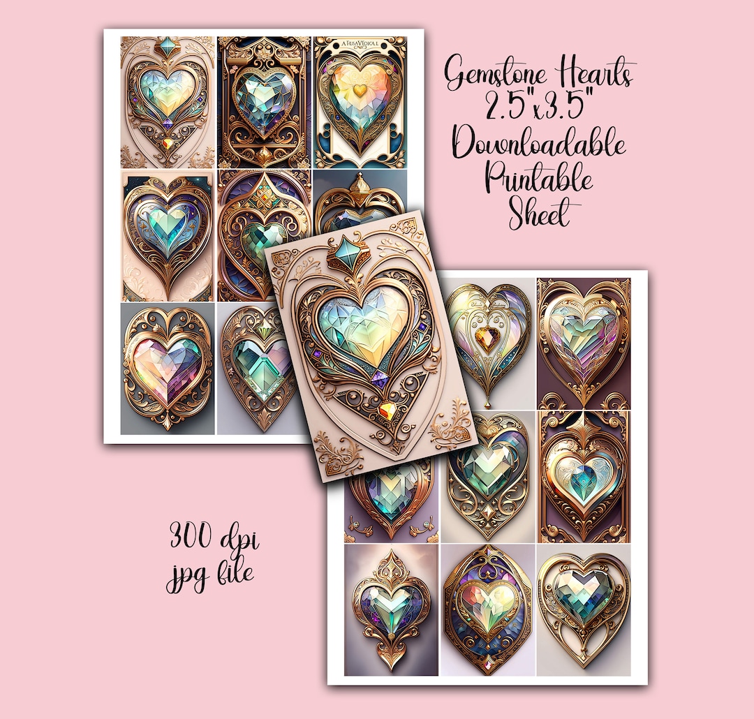 GEMSTONE HEARTS ATC Backgrounds for Collage Tags Junk Journals 2.5x3.5 ...