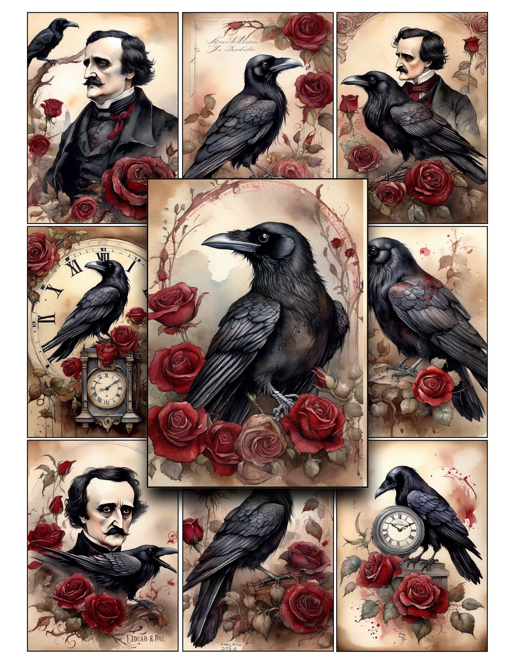 Gothic Ravens & Roses Printable Paper: Edgar Allan Poe Ephemera ...