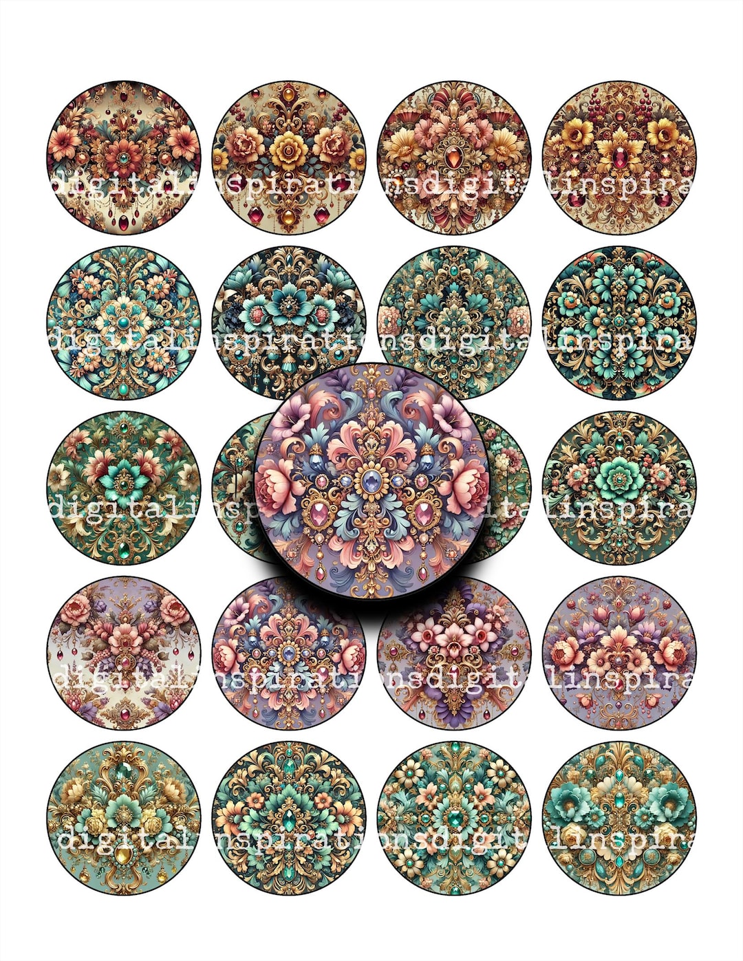 45mm, Circles, Digital Images, Elegance, Rococo, Floral, Beading ...