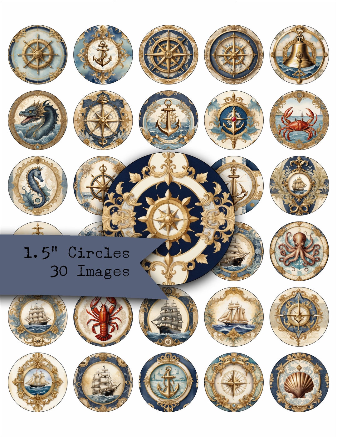 1.5 Inch Circles, Collage Sheet, Nautical, Ships, Sailing, Circles ...