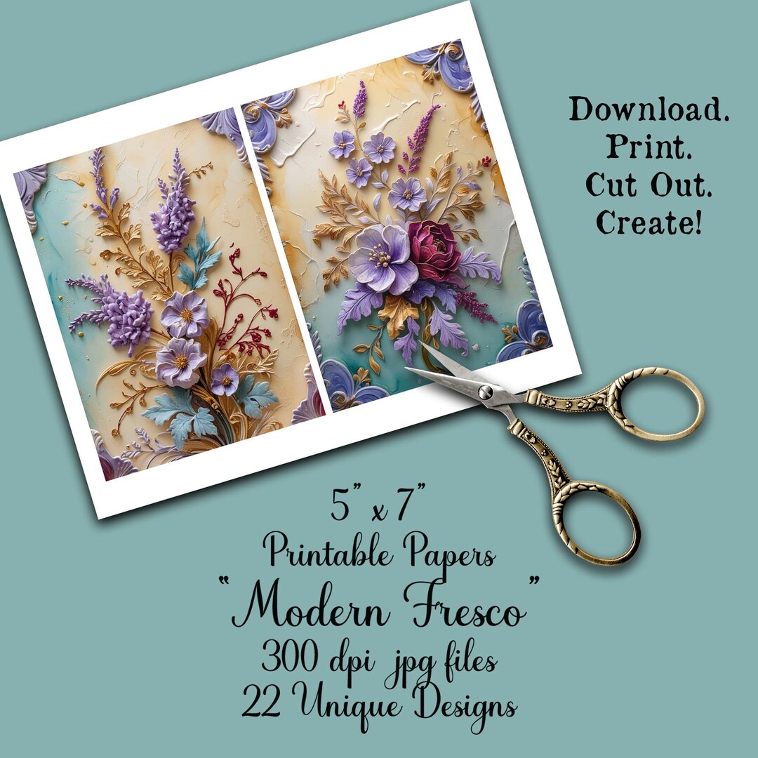 5x7, Journal Pages, Printable Paper, Paper Pack, Fresco, Floral ...