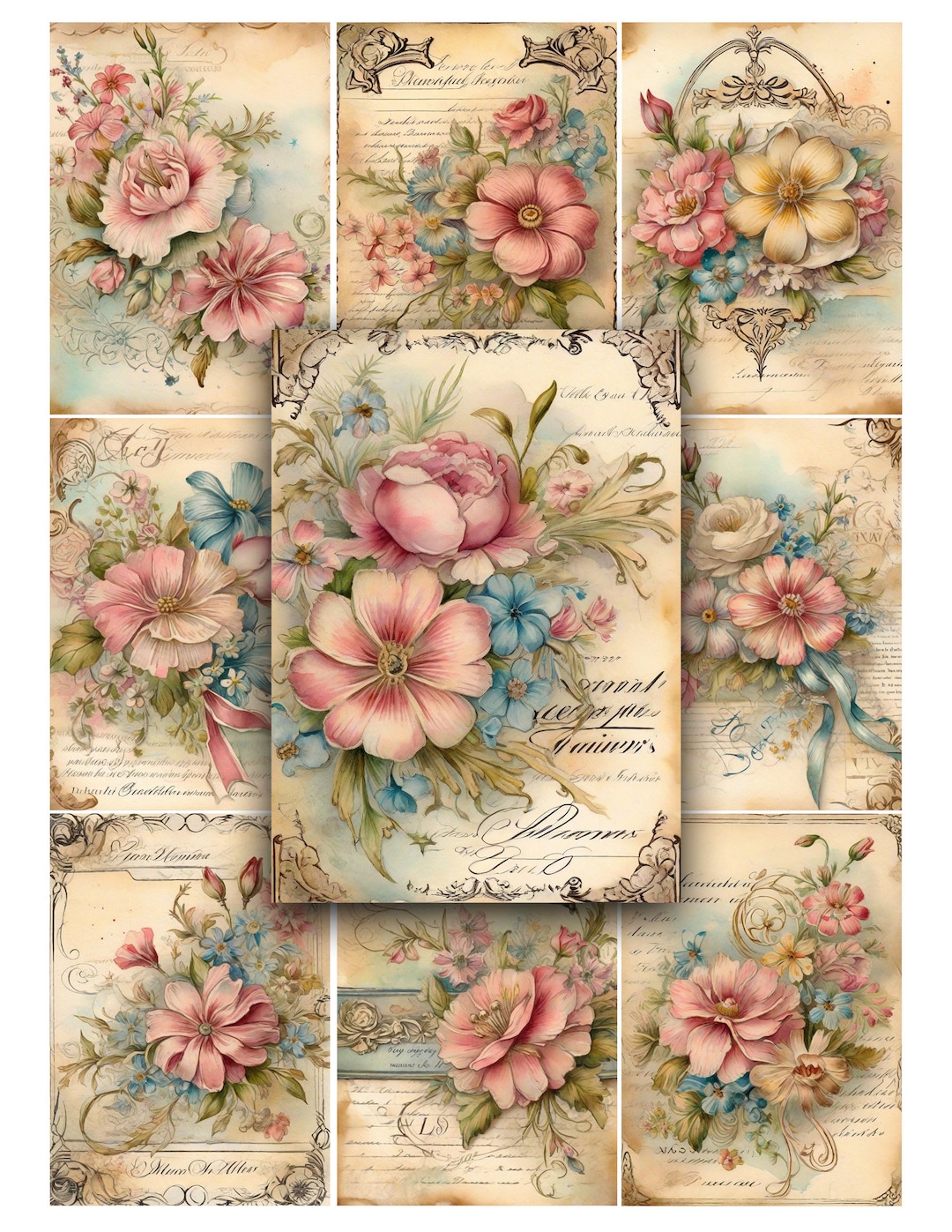Victorian Flowers, Vintage, Flowers, Watercolor, Printable Paper, ATC ...