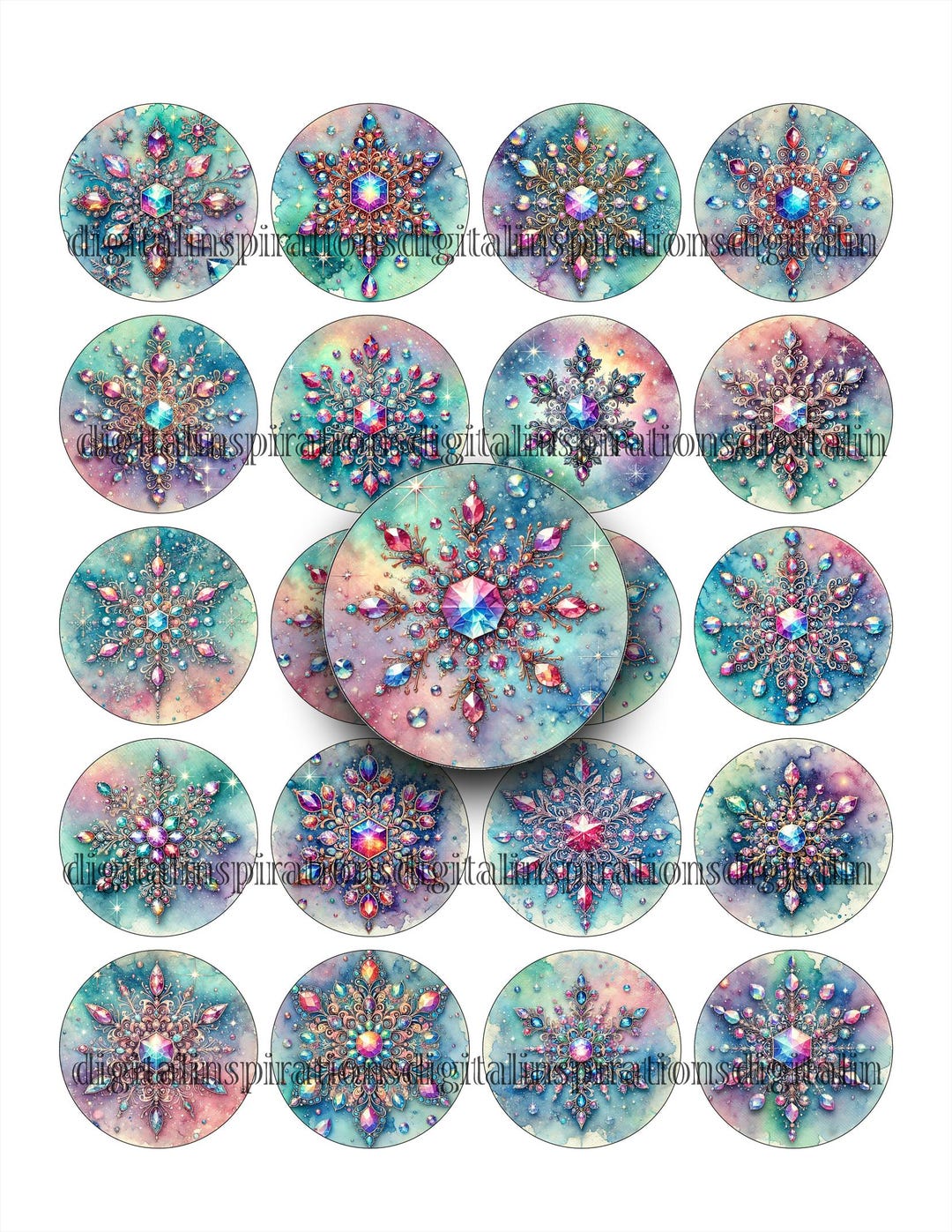 Watercolor Jeweled Snowflake Images: 45mm Circle Pendants (digital ...