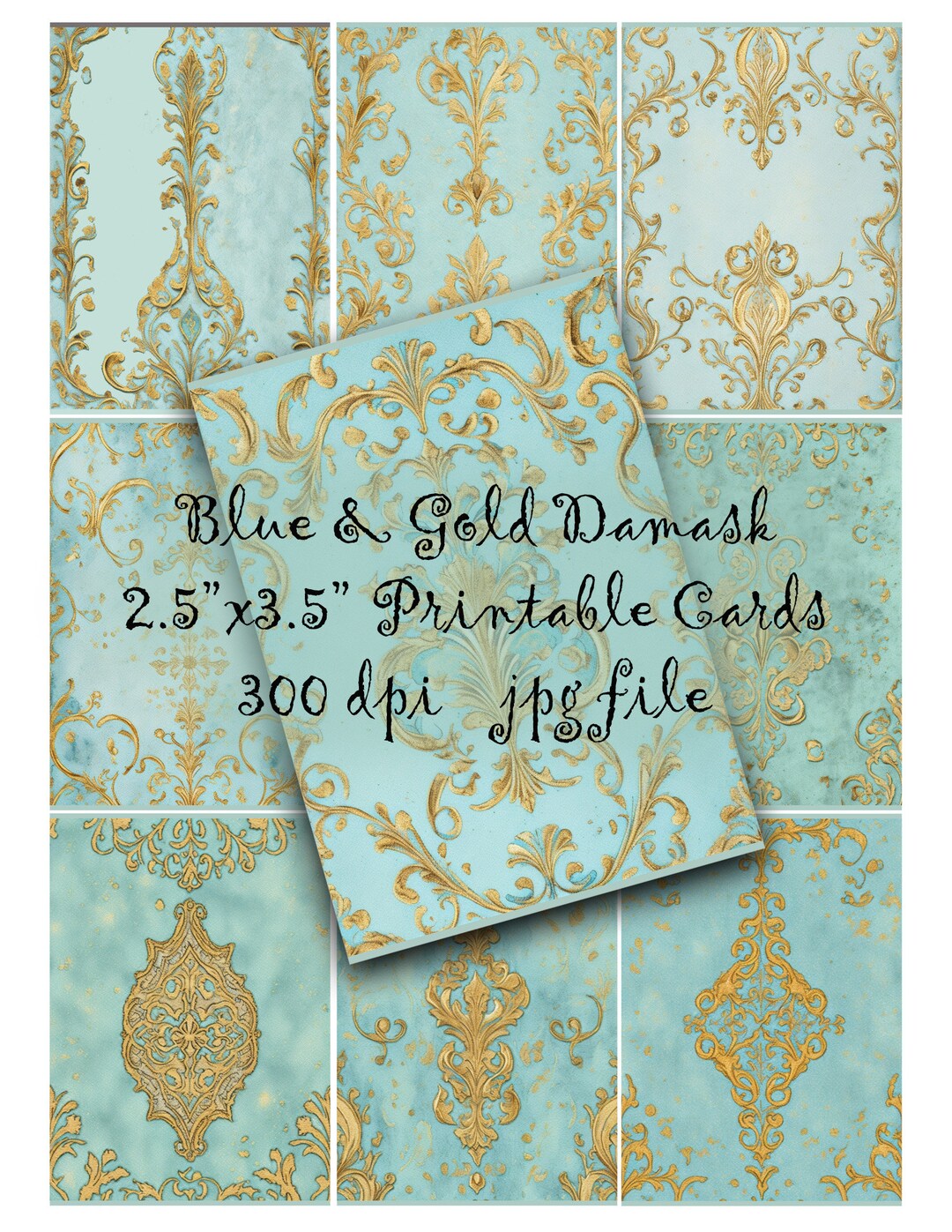 Blue & Gold Damask Printable Cards: Collage, Tags, Journals (digital ...