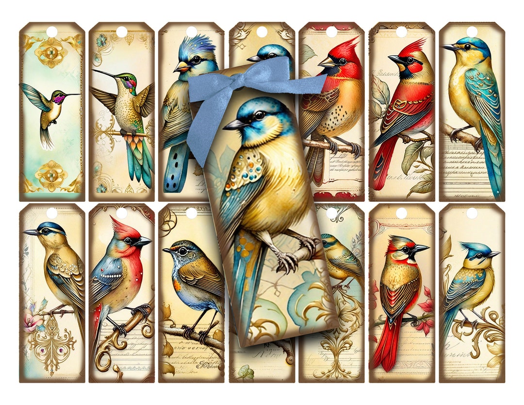 Narrow Tags, BIRDS, Hummingbirds, Collage Sheet, Digital, Tags, Junk ...