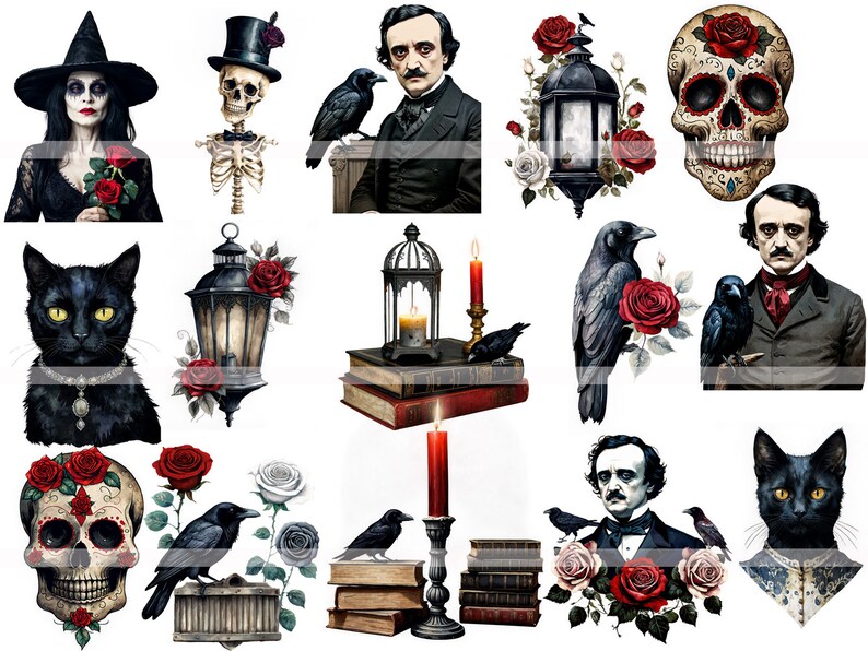 Clipart, EDGAR, Poe, Ravens, Poe Clipart, Raven Clipart, Watercolor Png ...