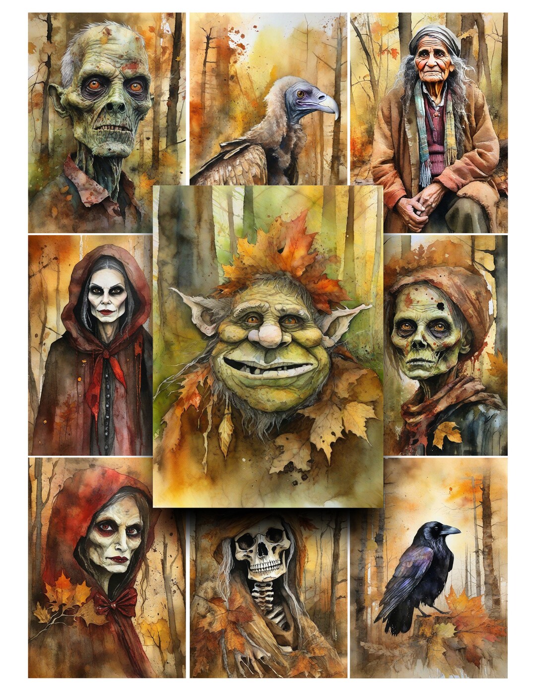 Watercolor Halloween Clipart: Trolls, Witches, Zombies (digital Collage ...