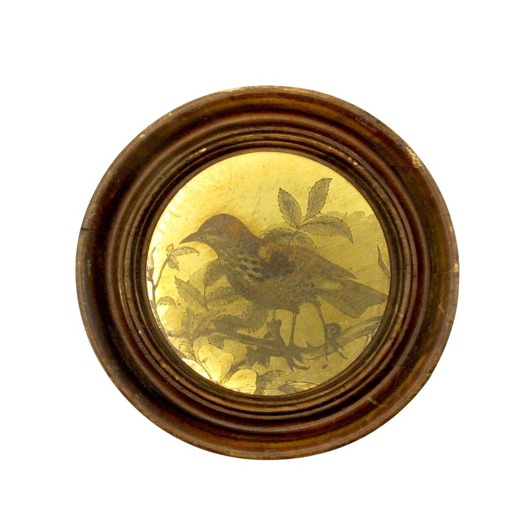Antique Bird Etching: Gold Tone Metal, Rustic Wood Frame - Etsy