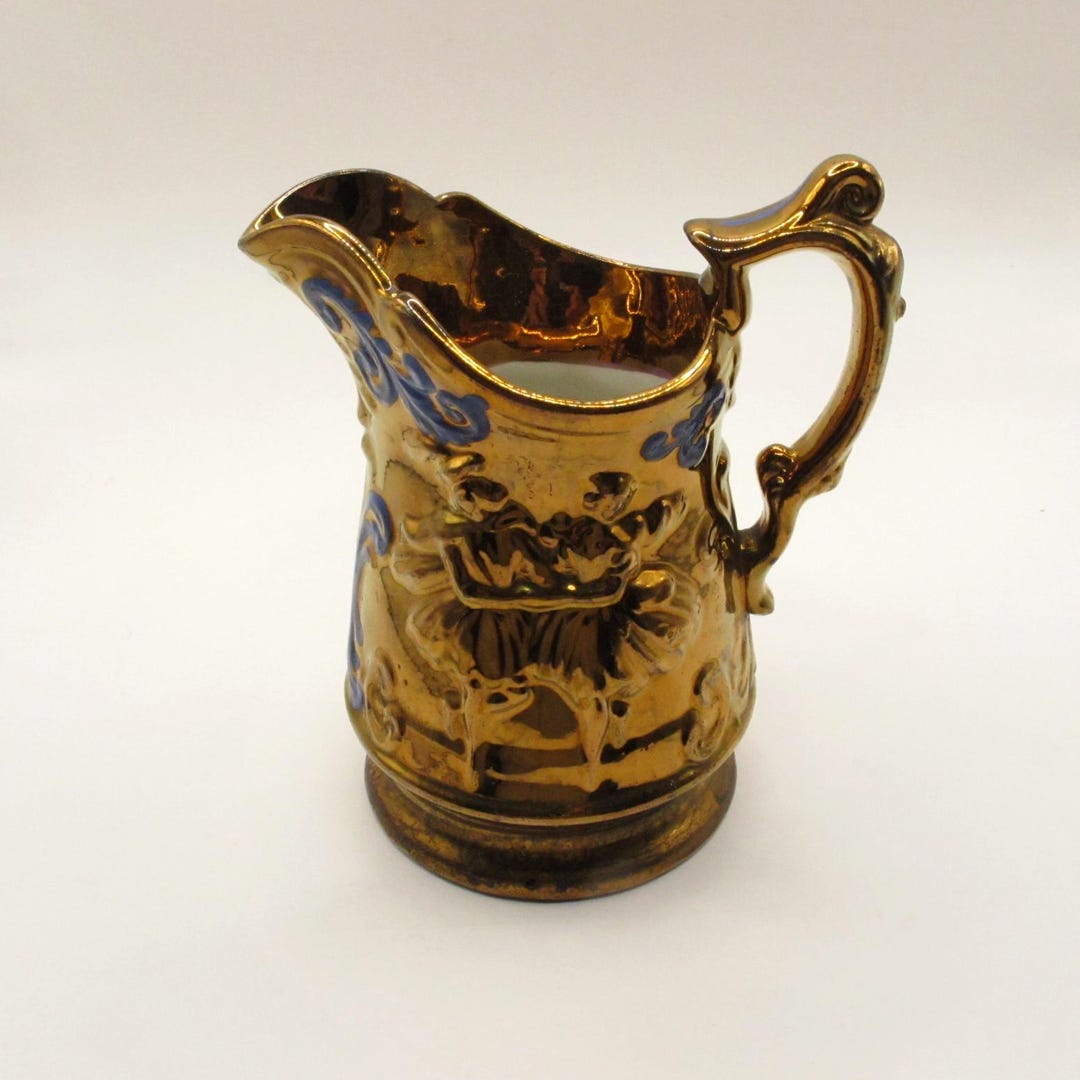 Antique Copper Luster Pitcher | Blue Relief Dancing Figures | 14cm ...