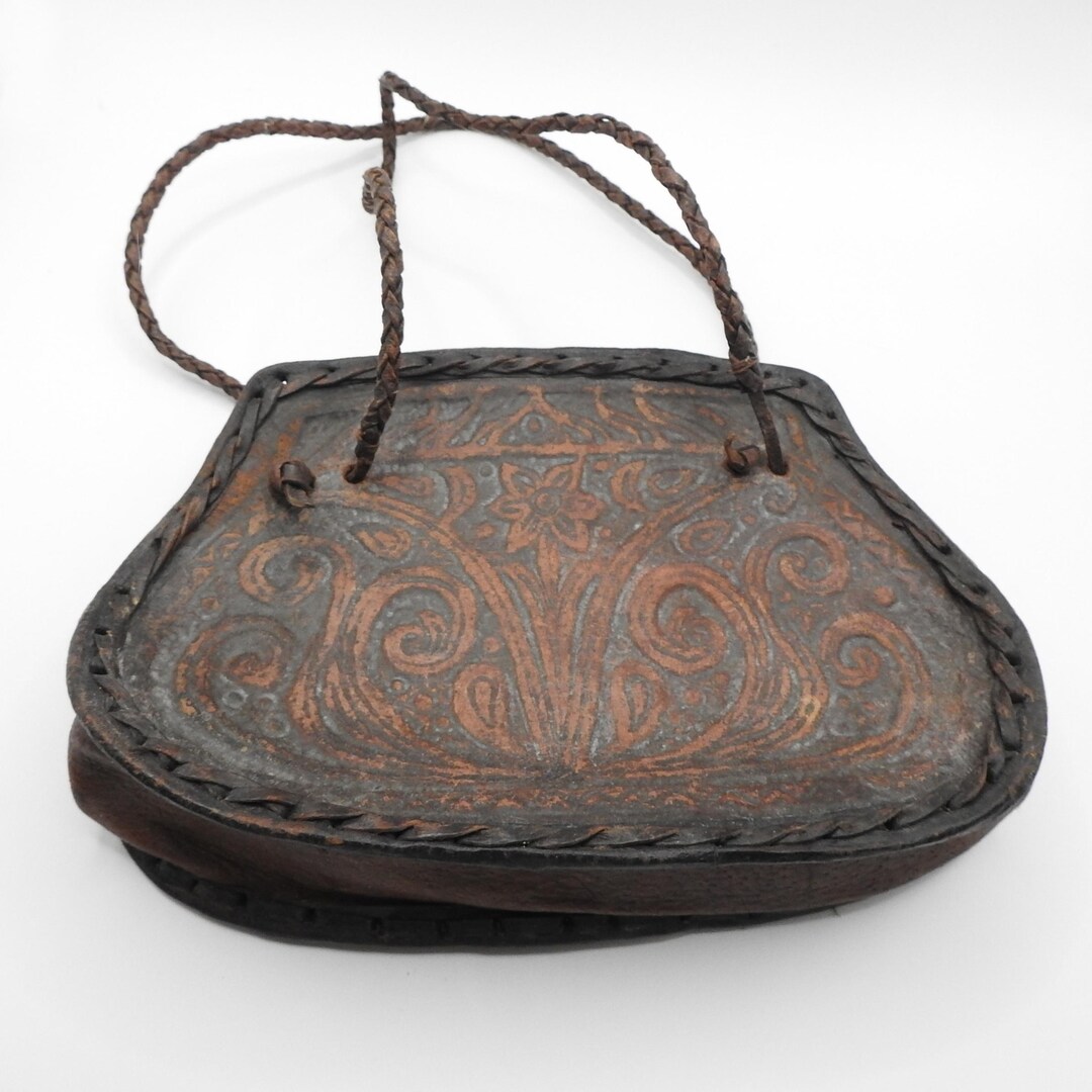 Antique Handmade 19th Century Leather Hand Bag Clutch Floral Print Rare ...