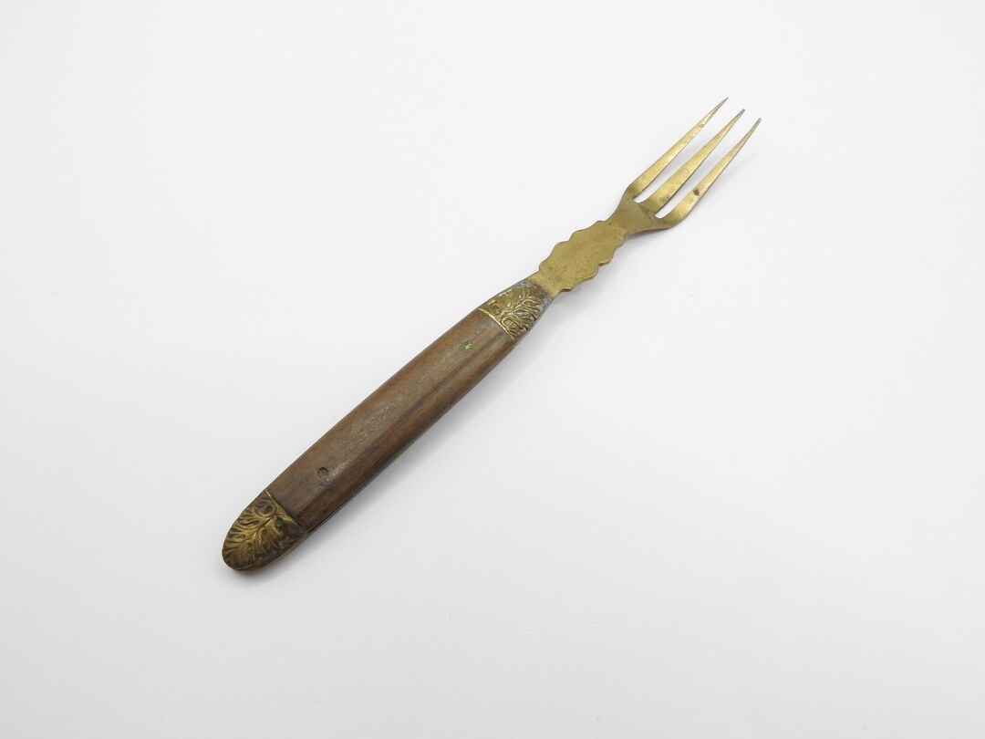 Brass Dessert Fork | Wood Handle Floral Brass Art Nouveau Mounts ...