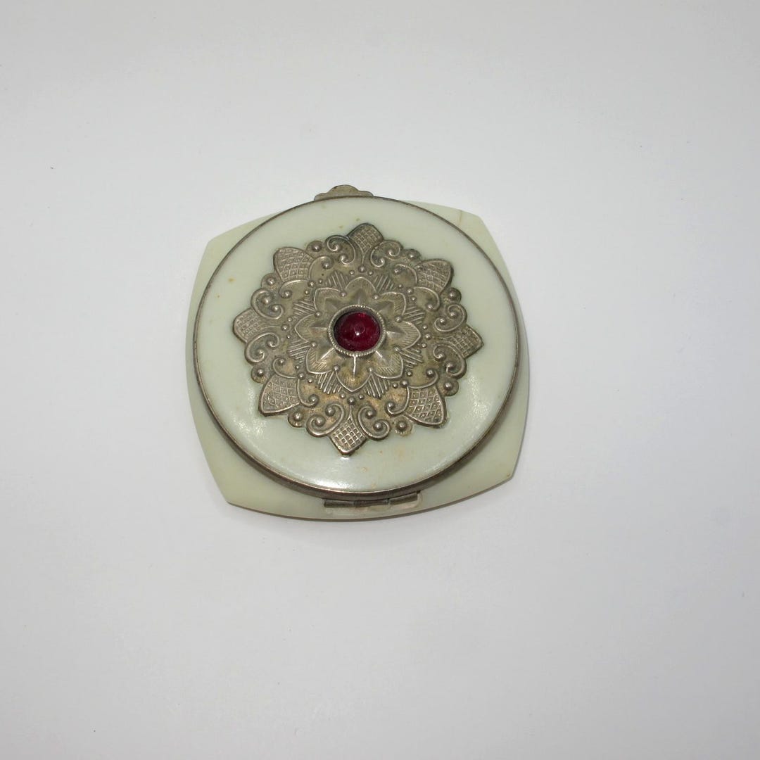 Antique Face Powder Box Vanity Accessory With Mirror Metal Floral ...