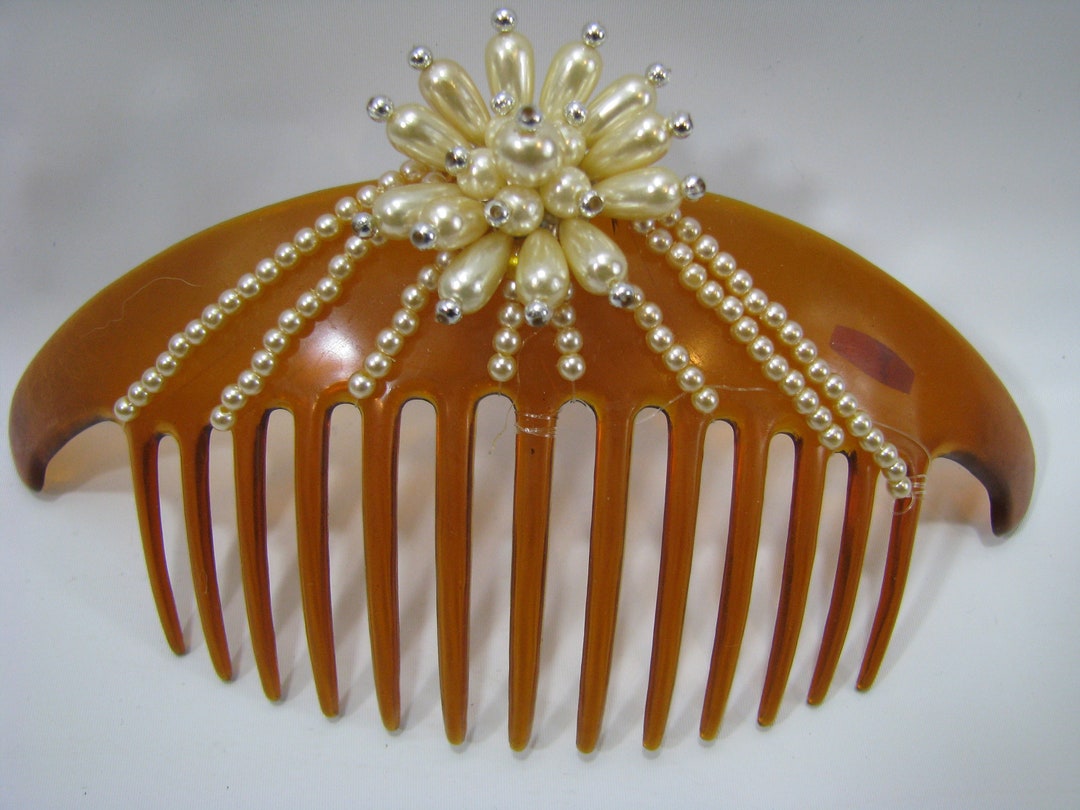 Large Vintage Faux Tortoise Shell Pearls Gold Beads Hair Comb Plastic ...