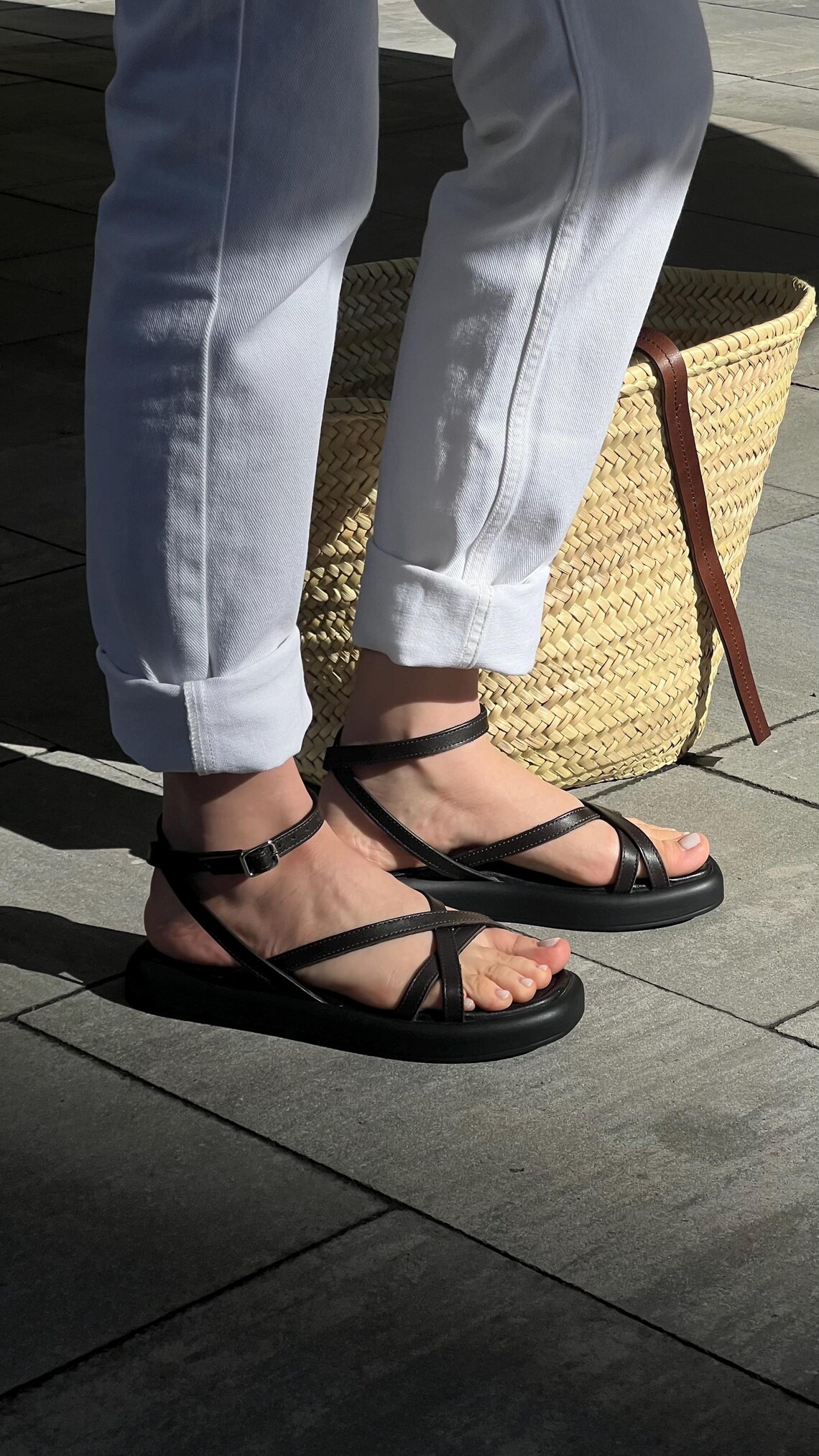 Sandals Strappy Brown Leather Platform Sandals Square Toe Summer Shoes ...