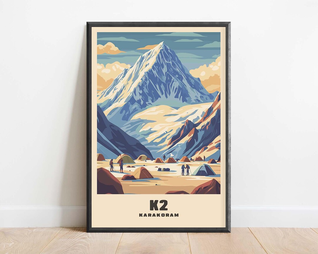 K2 Retro Mountain Print | Mount K2 Vintage Travel Poster | K2 Himalayas ...