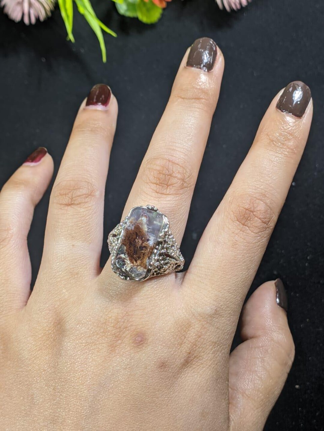 Natural Moss Agate Ring, Men's Ring, Titanium Ring, Handmade Ring, Moss ...