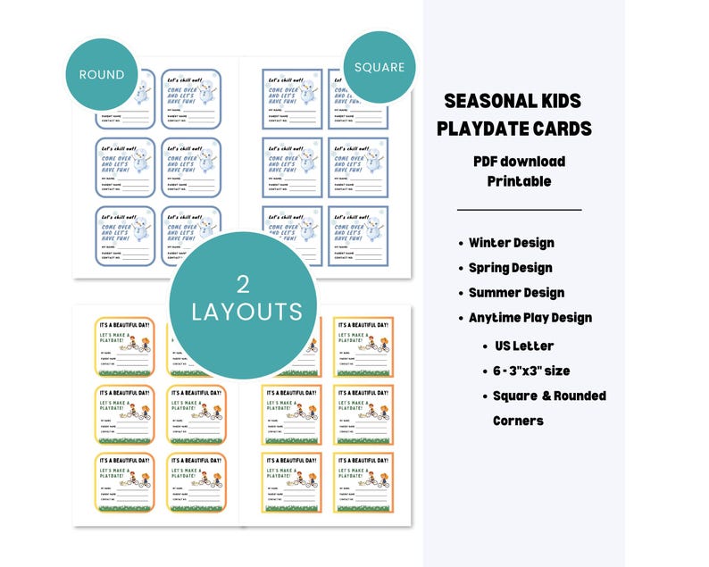 Printable Kids Seasonal Playdate Cards, Keep in Touch Cards, Kids ...