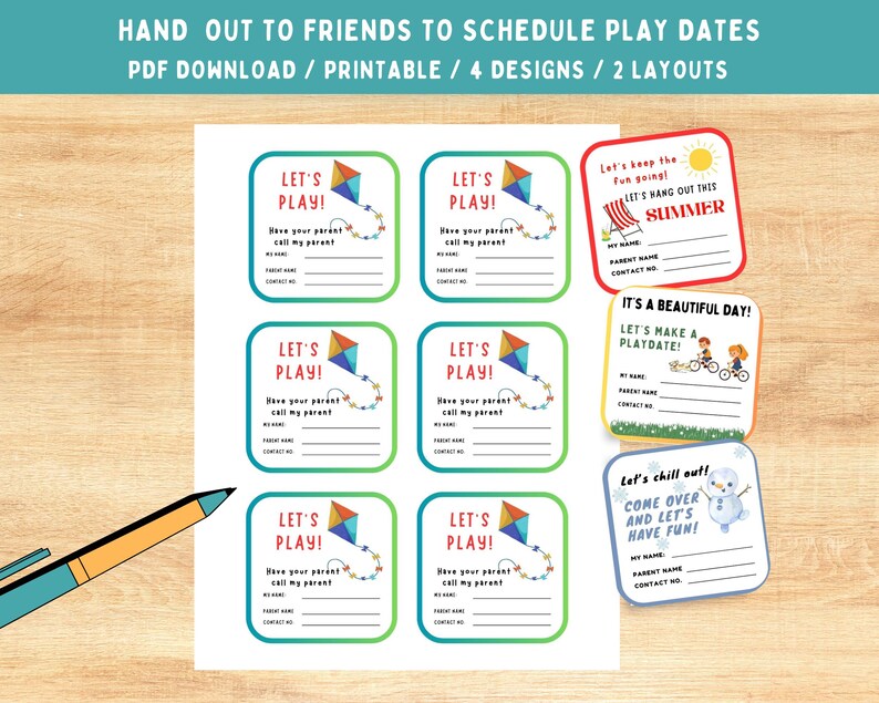 Printable Kids Seasonal Playdate Cards, Keep in Touch Cards, Kids ...