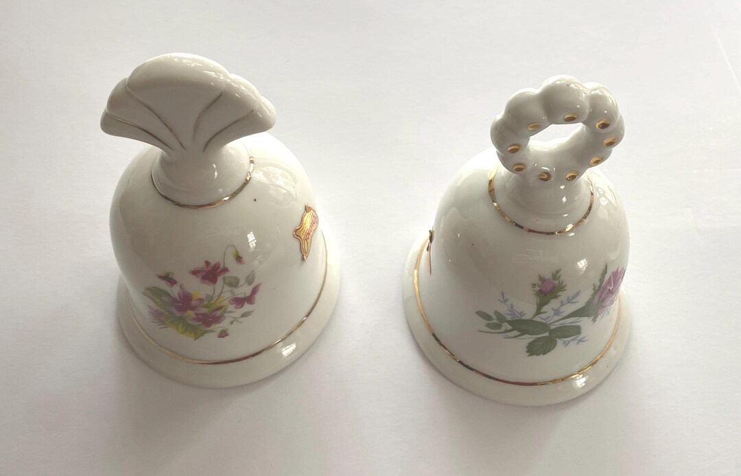 Two Porcelain Bells, 1980s, Enesco, 5” Tall, Floral Design, Original ...