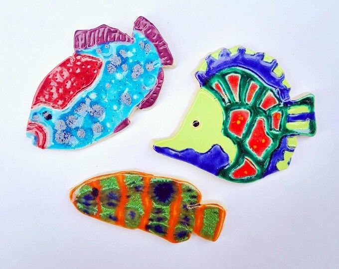 Three Colorful Ceramic Fish Tiles for Mosaics, Ceramic Art Tiles, Sea ...