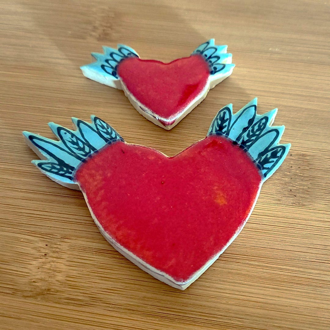 Set of Two Ceramic Winged Heart Tiles, Handpainted Mosaic Tiles ...
