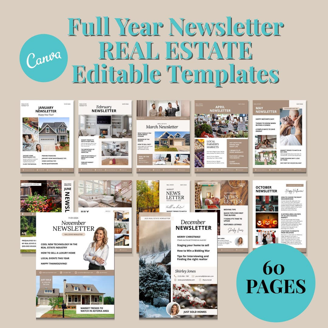 Real Estate Newsletter Template Bundle, 12 Month Full Year Newsletter ...
